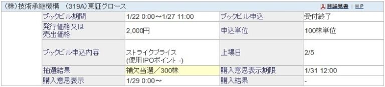 技術承継機構（319A）のIPO（新規上場）複数補欠当選！ ｜ IPO初値予想主観 IPOゲッターの投資日記